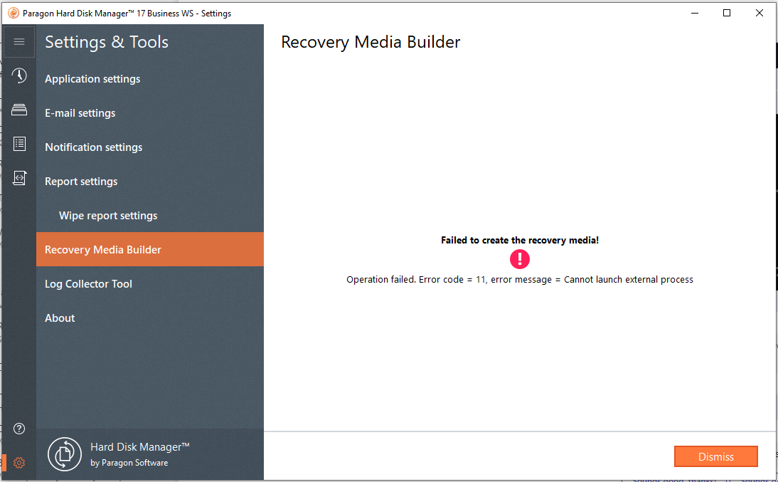 Failed to Create Recovery Media! Error Code=11 – Paragon Support
